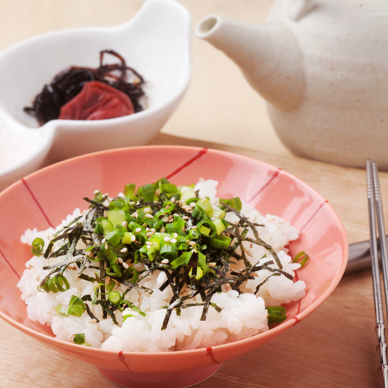 Vegan-friendly ochazuke with mushrooms, broccoli and soy sauce ...